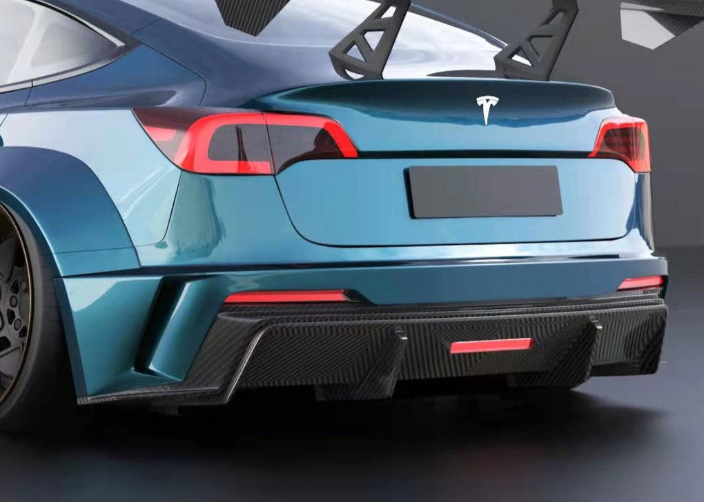 "Hacker" Widebody Rear Bumper & Rear Diffuser For Tesla Model 3 | EV Bandit