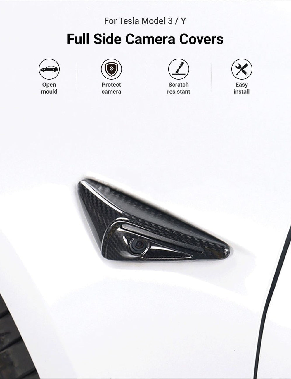Full Side Camera Covers for Tesla Model 3 / Y - Carbon Fiber Exterior ...